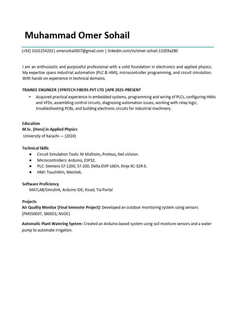 Muhammad Omer Sohail Resume | PDF