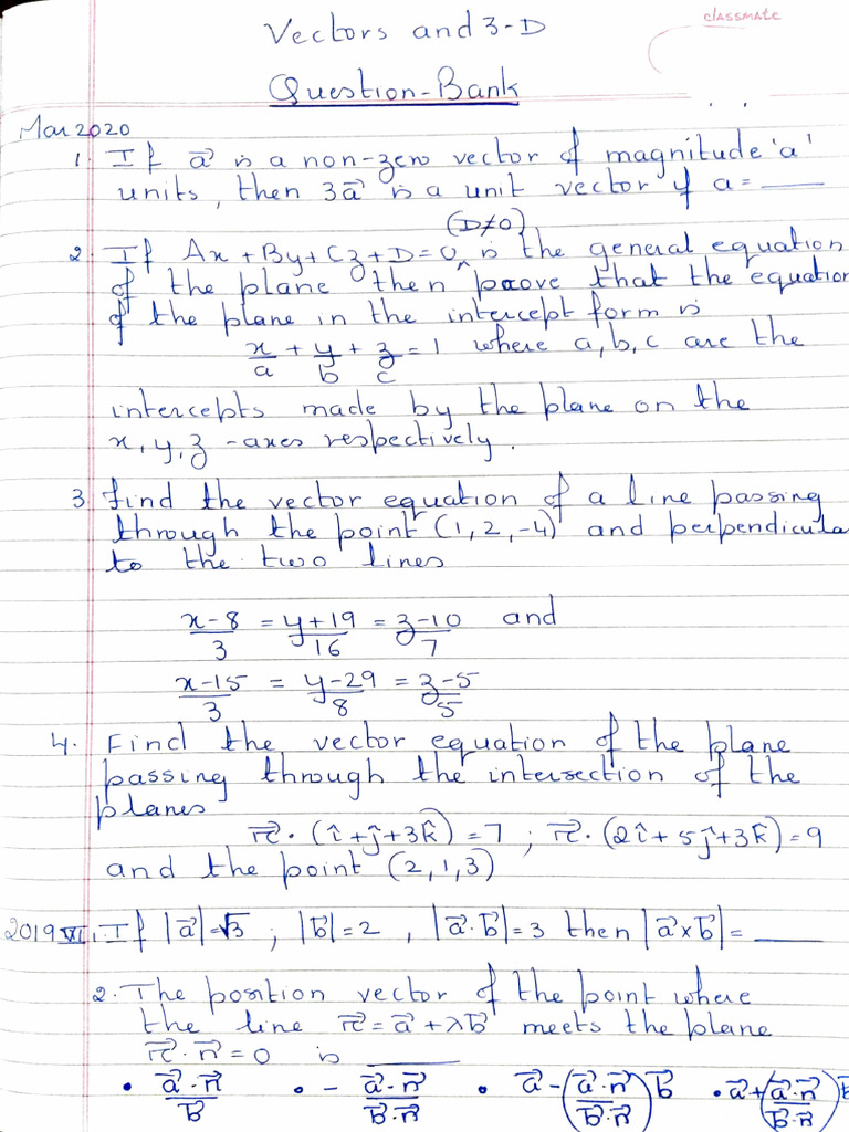 Question Bank On Vectors and 3D | PDF | Algebra | Linear Algebra