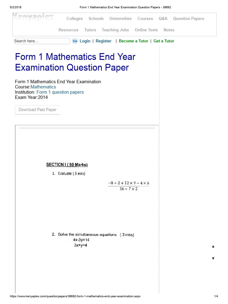 Form 1 Mathematics Exam Paper 2014 | PDF | Educational Stages
