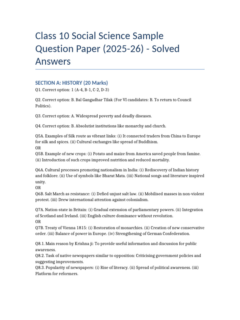 Class 10 Social Science Sample Paper 2025-26 | PDF | Economic ...
