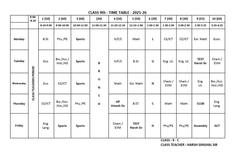 Grade - 9 (C) - Time Table 2025-26 (July) | PDF