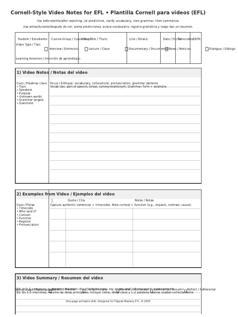 EFL Cornell Video Notes Template A4 | PDF