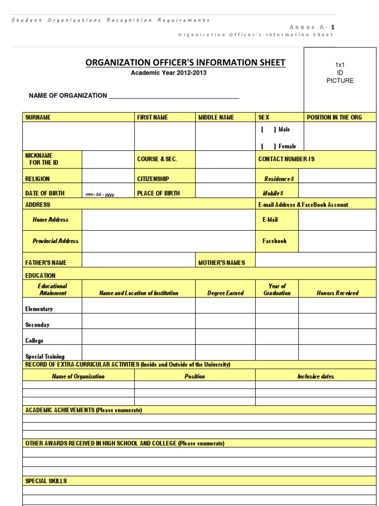 Organization Officer'S Information Sheet: 1x1 ID Picture | PDF ...