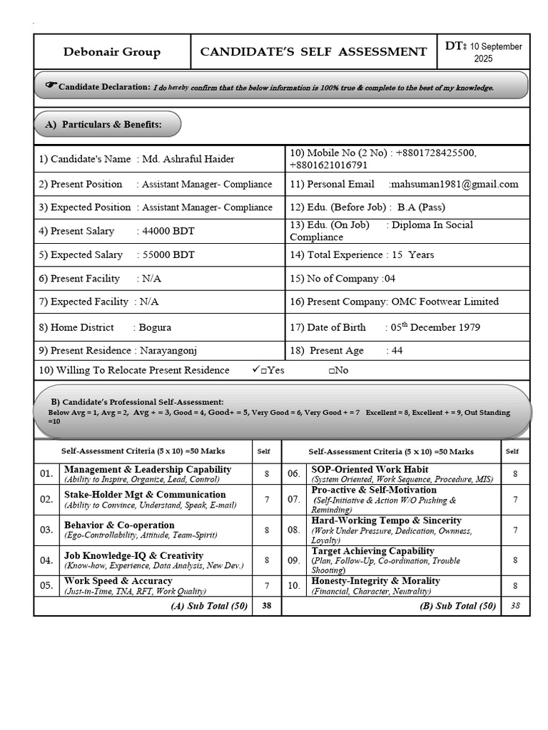 Candidate Self Assesment | PDF | Goal | Regulatory Compliance