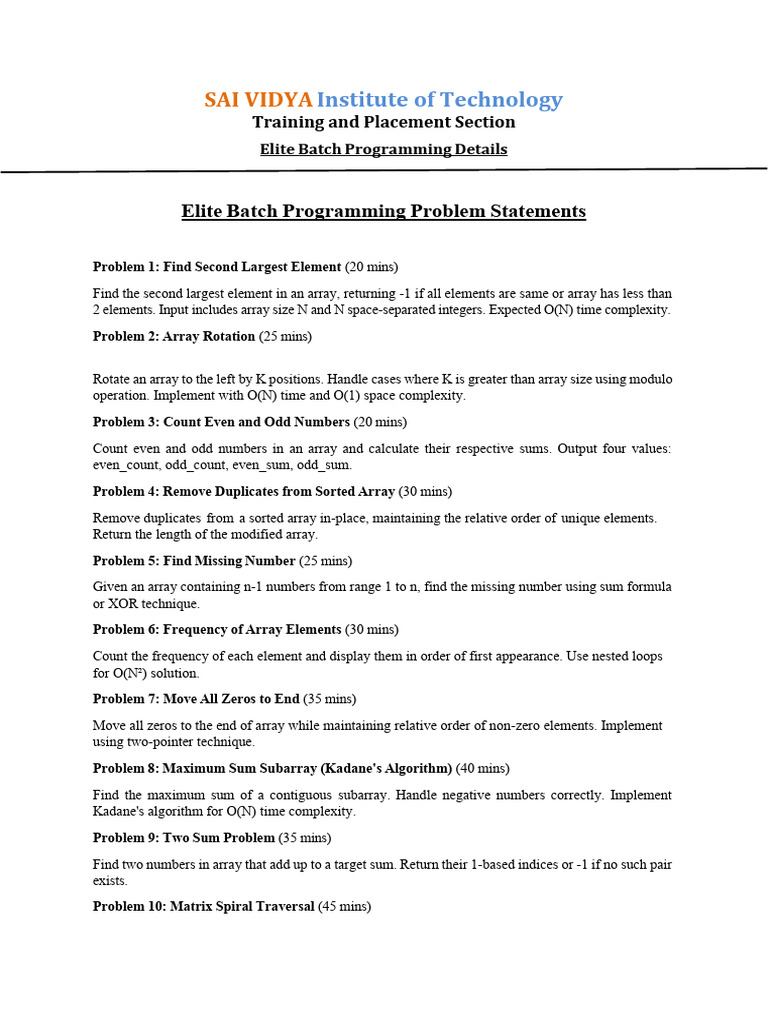 SVIT - Elite Batch Programming Problem Statements | PDF | String (Computer Science) | Control Flow