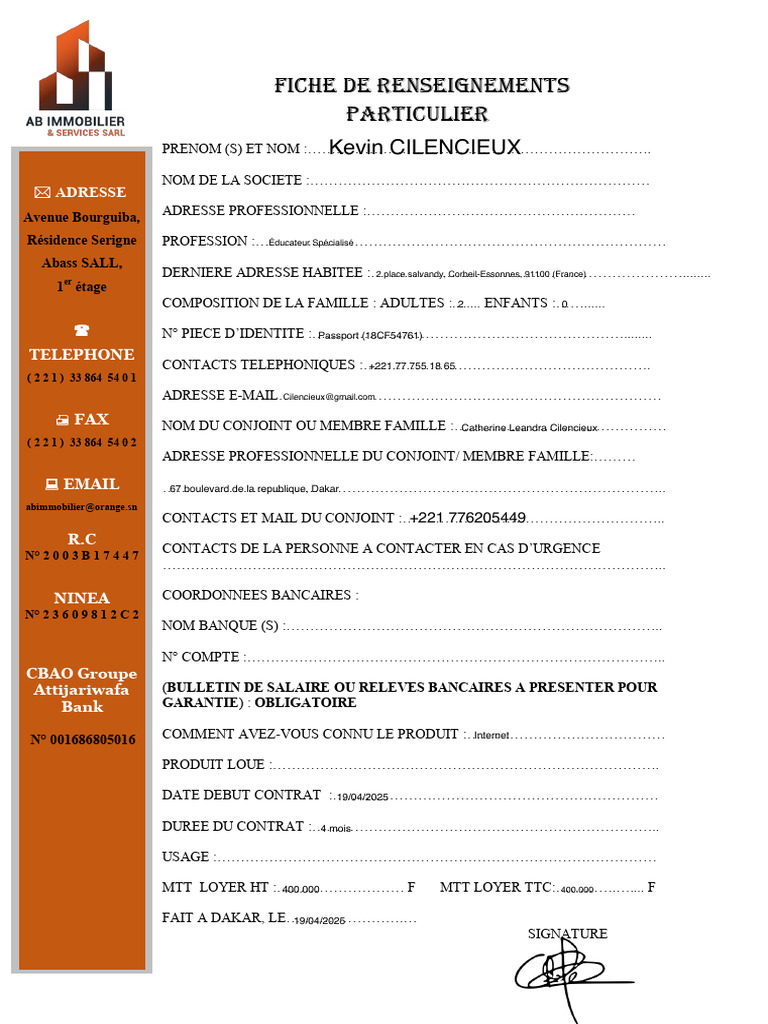 Fiche de renseignements personnel et professionnel | PDF | Secteur ...