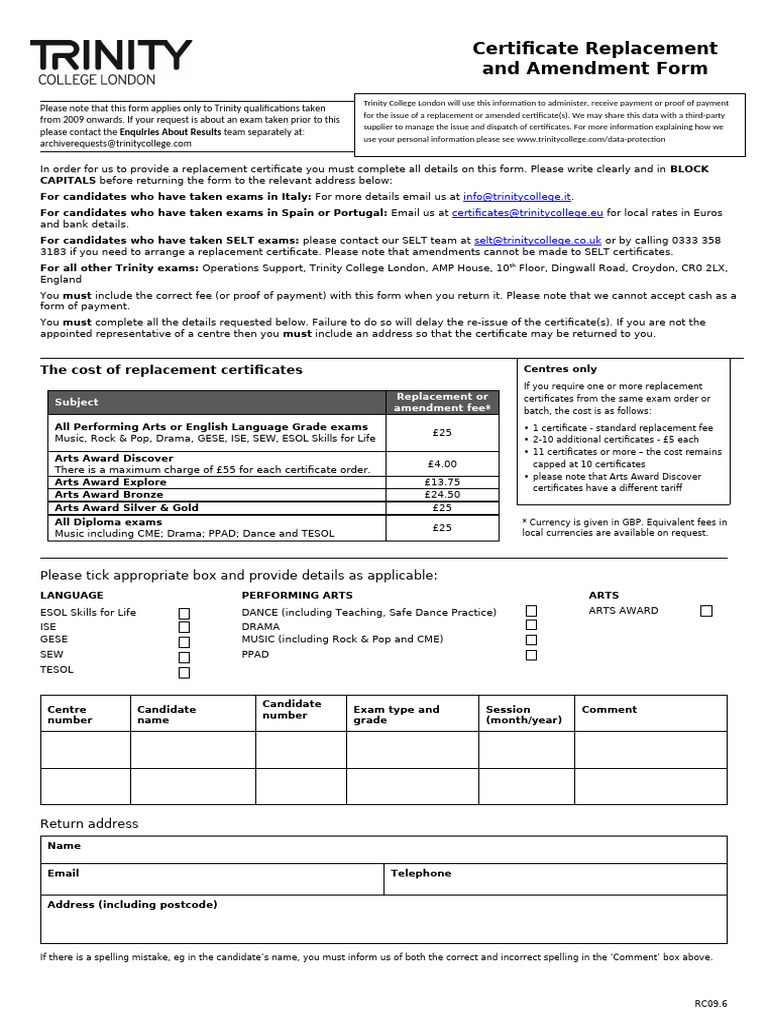 Trinity Certificate Replacement Form | PDF | English As A Second Or ...
