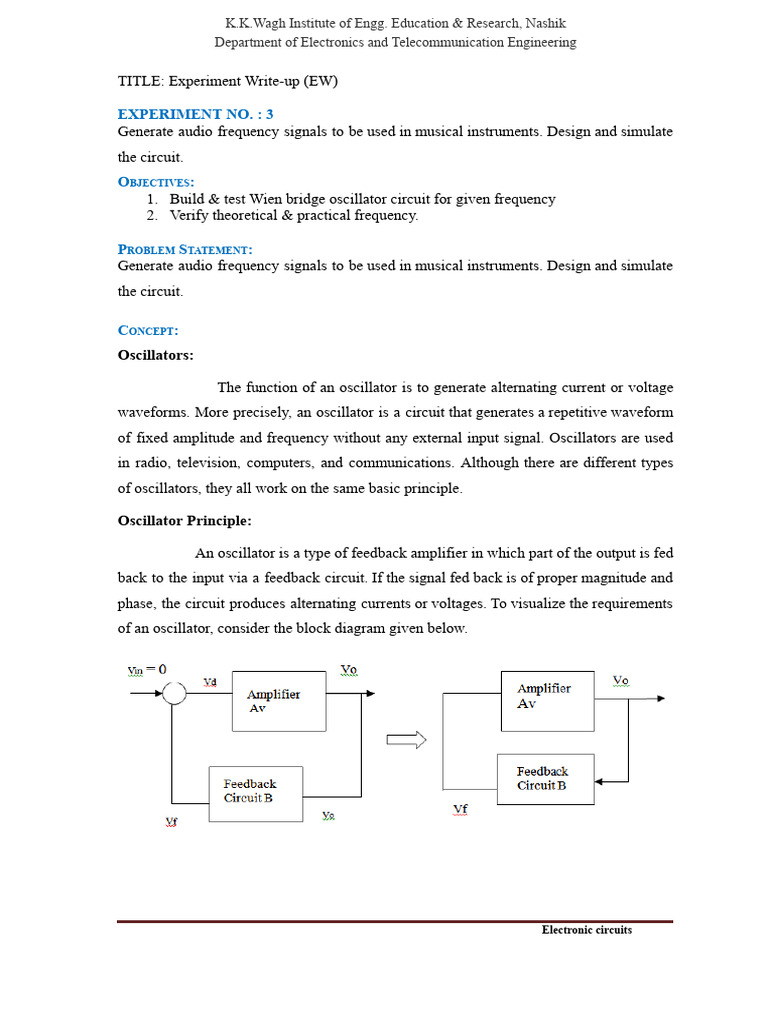 Wien Bridge Oscillator Experiment Guide | PDF | Electronic Oscillator ...
