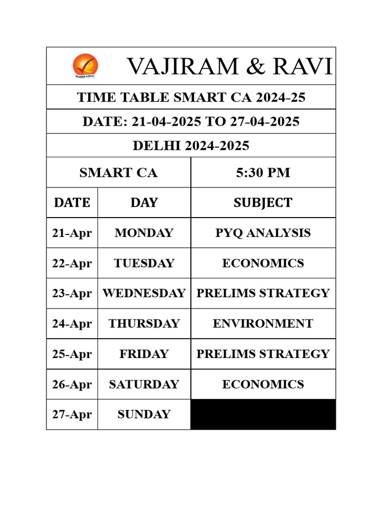 Smart CA Time Table 2024-25 | PDF