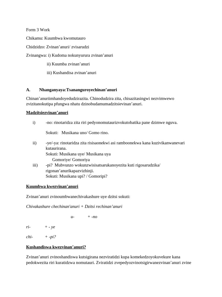 Form 3 Work Zvinan'Anura | PDF