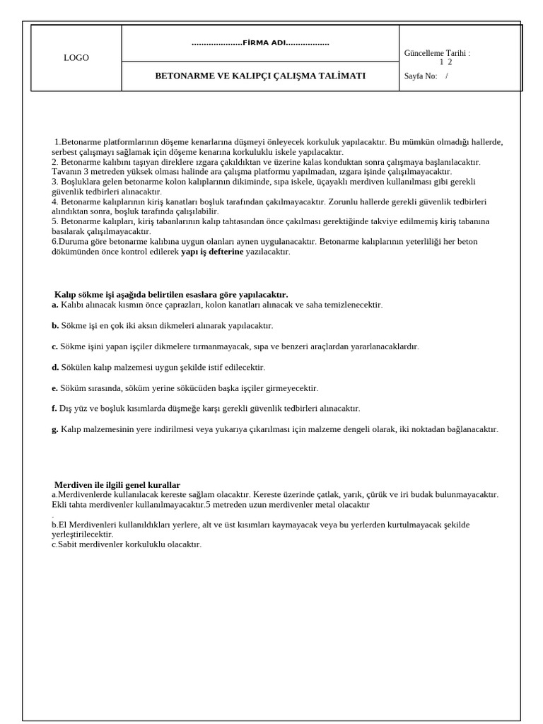 Betonarme Ve Kalipçi Çalişma Tali̇mati (Tebli̇ğ-Tebellüğ) | PDF