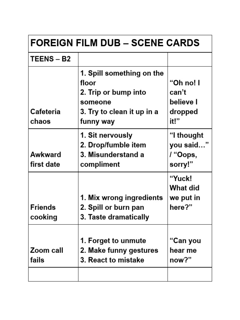 Foreign Film Dub Scene Cards for Teens | PDF