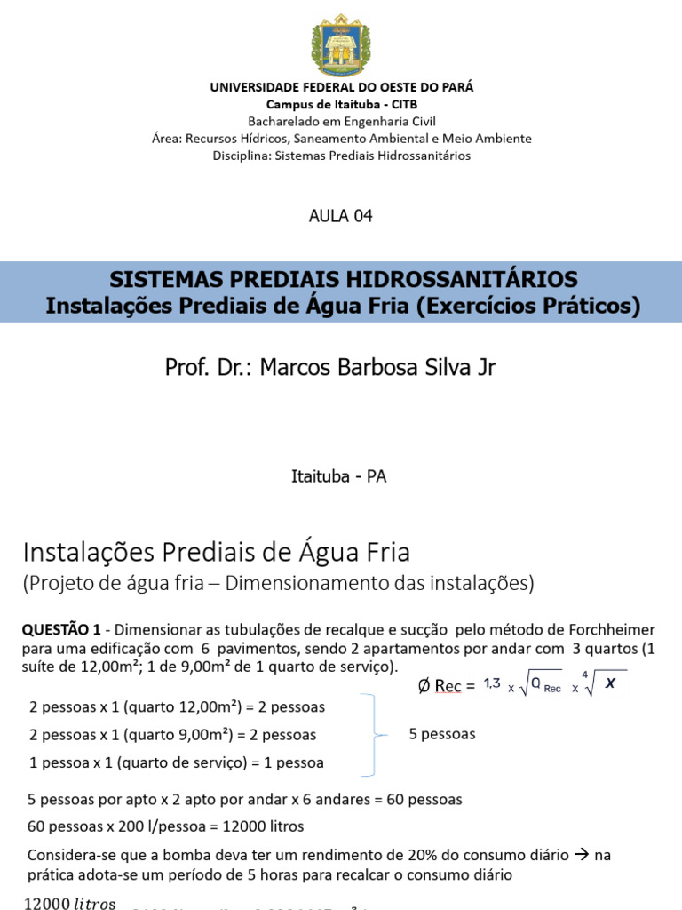 Sphs Aula 04 Sistemas Prediais Hidrossanitrios - Gua Fria - Exerccios ...