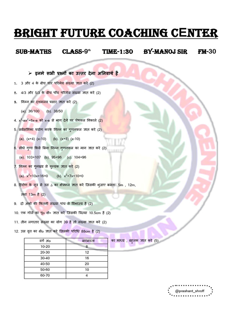 Bright Future Coaching C Nter: Sub-Maths Class-Time-1:30 By-Manoj Sir ...
