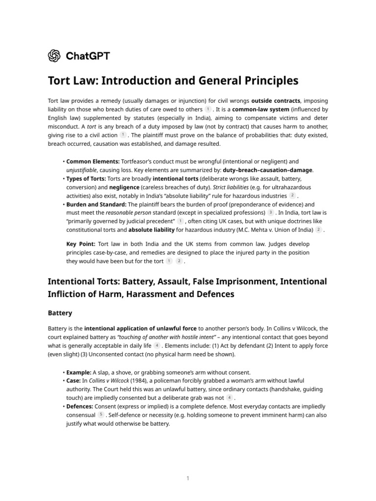 Tort Law - Introduction and General Principles | PDF | Tort | Negligence