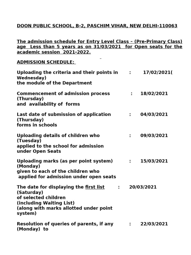 Doon Public School Admission Schedule 2021 | PDF