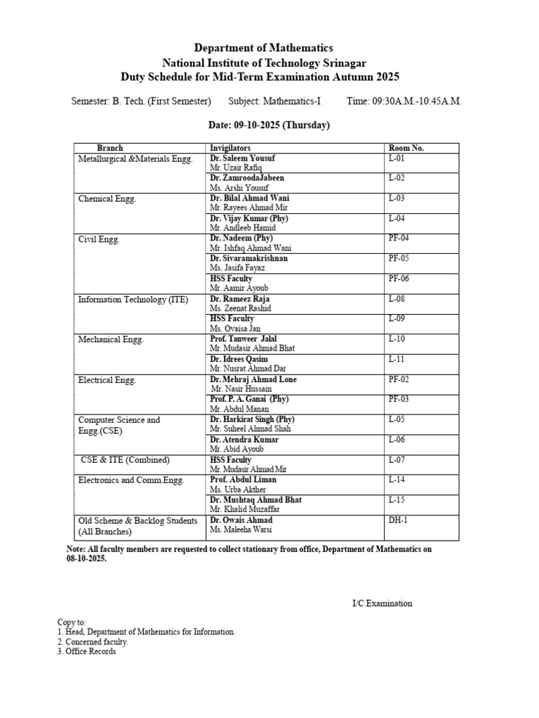 Mid-Term Exam Duty Schedule 2025 | PDF