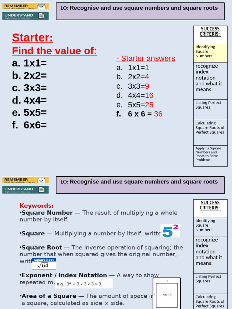 Y7 L 10 Square Numbers and Root New Planning | PDF | Multiplication ...