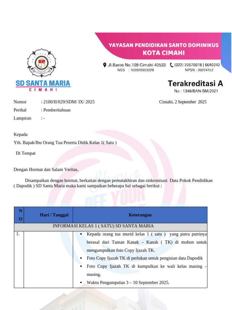 Pengumpulan Ijazah TK Kelas 1 SD Santa Maria | PDF
