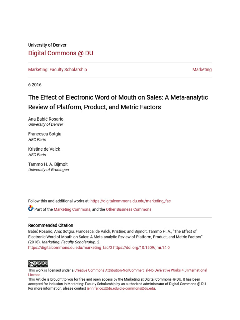 The Effect of Electronic Word of Mouth On Sales - A Meta-Analytic | PDF ...