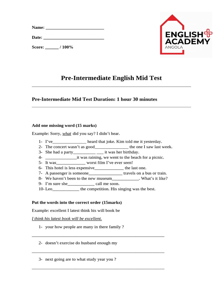 Pre-Intermediate Mid Test | PDF