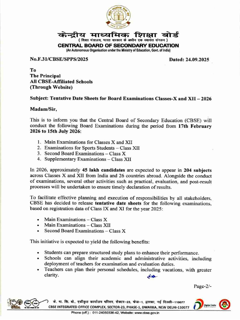 Tentative Date Sheet, Class X XII Examination - 2026 | PDF