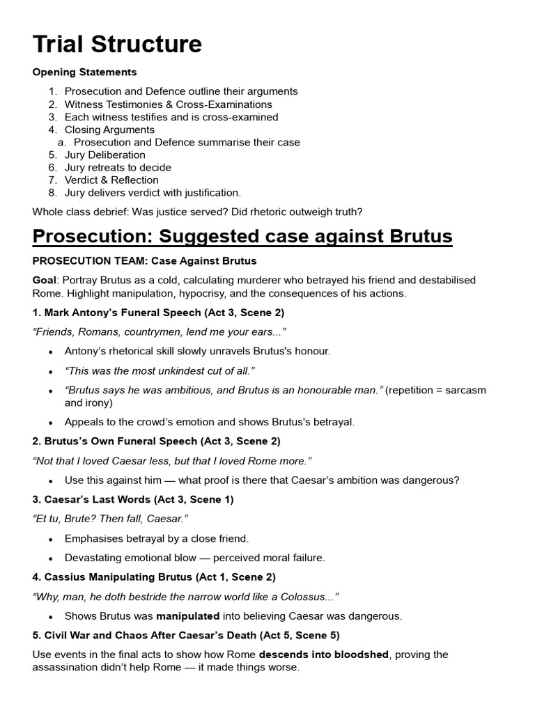 Brutus Trial Structure and Arguments | PDF | Julius Caesar | Mark Antony