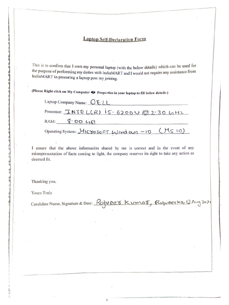 Laptop Self Declaration | PDF
