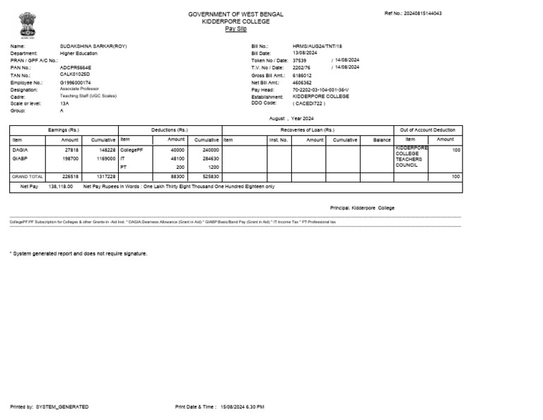 Kidderpore College August 2024 Pay Slip | PDF | Economies | Public Finance