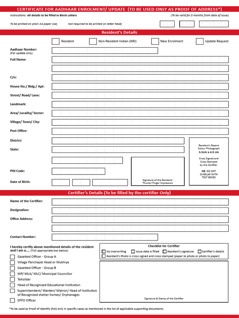 Aadhaar Enrollment Certificate Template | PDF