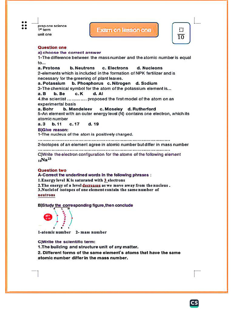Science Lesson 1 Exam + Answers Prep 1 T1 2026 | PDF