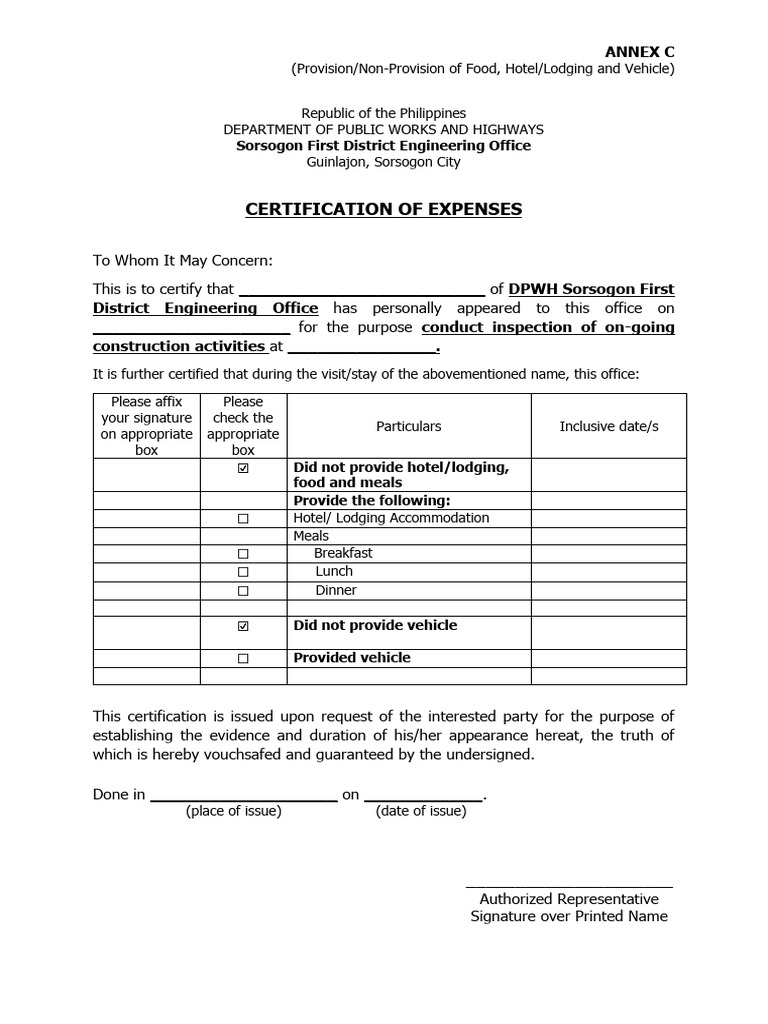 Certification of Expenses for DPWH Visit | PDF