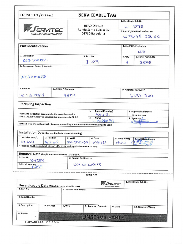 NLG Wheel - PN 3-1559 - SN 3696-1 | PDF