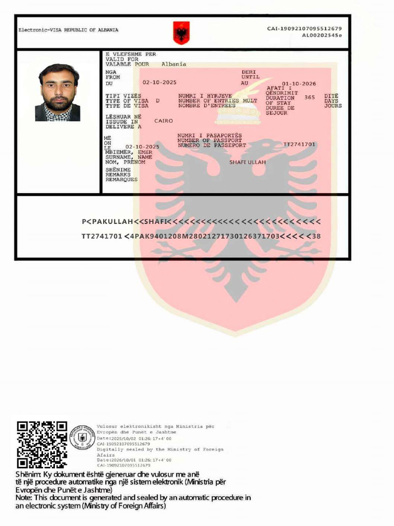 Shafi Ullah Albania E-Visa | PDF