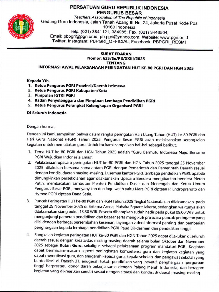 625 Surat Edaran Informasi Awal Pelaksanaan HUT Ke-80 PGRI Dan HGN 2025 | PDF