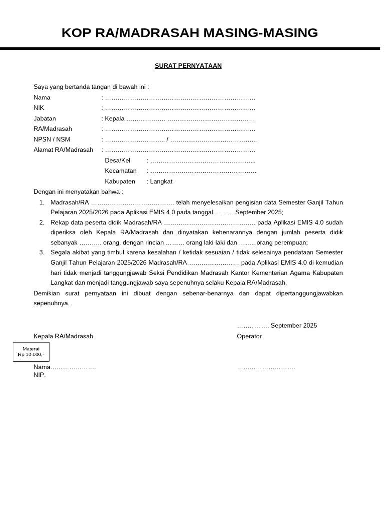 Form Surat Pernyataan Bap | PDF