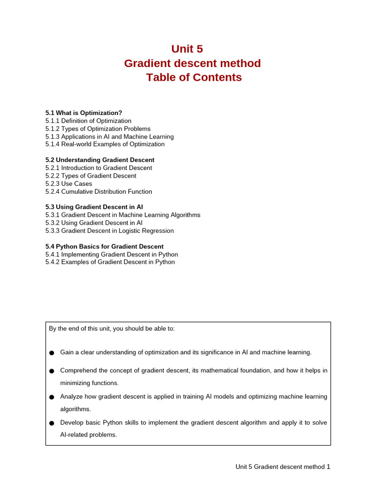 Unit 5 - Gradient Descent Method | PDF | Mathematical Optimization | Machine Learning