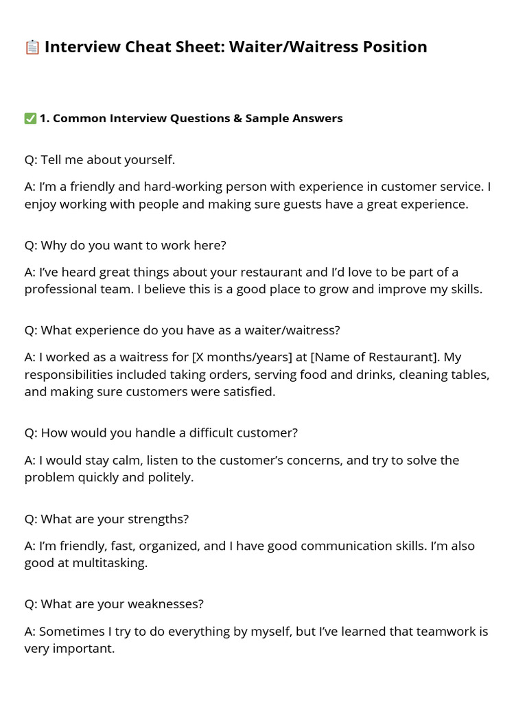 Waiter/Waitress Interview Guide | PDF
