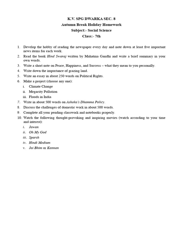 7th Grade Social Science Holiday Homework | PDF
