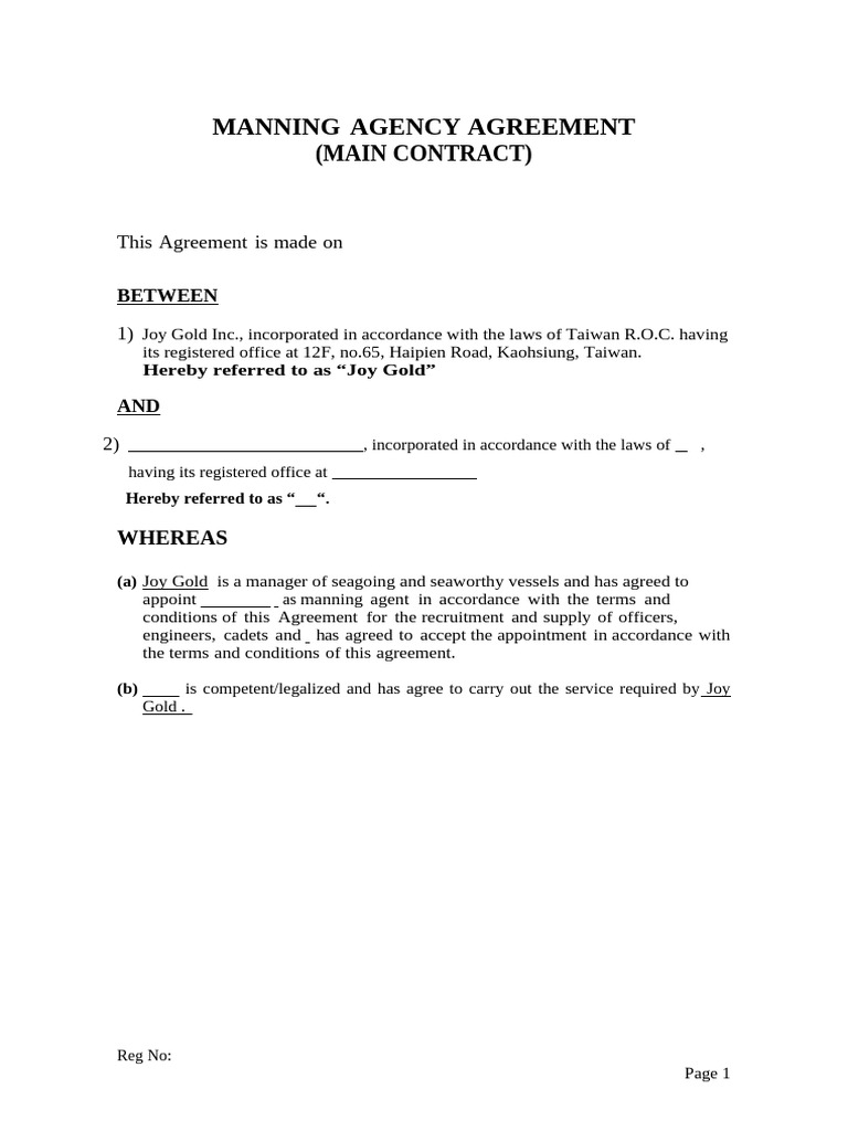 Manning Agency Agreement | PDF | Sailor | Private Law