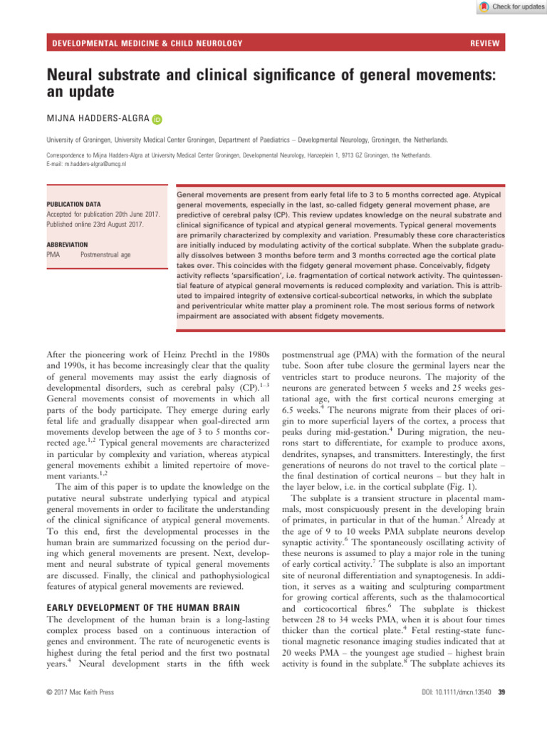 Develop Med Child Neuro - 2017 - Hadders Algra - Neural Substrate and ...