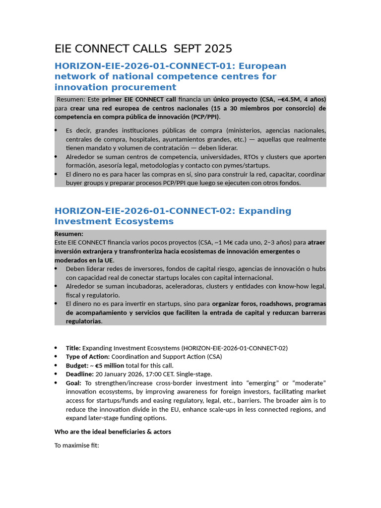 EIE CONNECT Calls for Innovation Networks | PDF | Startup Company ...