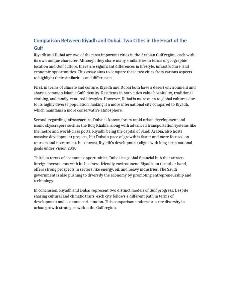 Riyadh Vs Dubai Comparison Essay | PDF