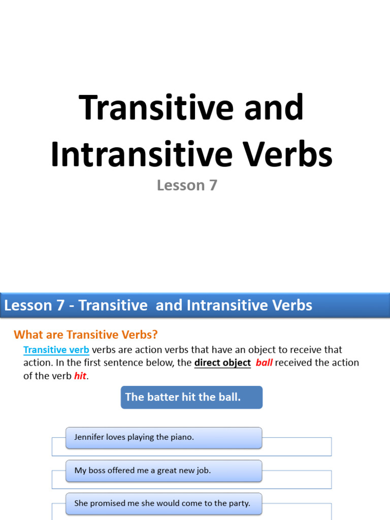 Lesson 7 - Transitive and Intransitive Verbs | PDF | Verb | Object ...