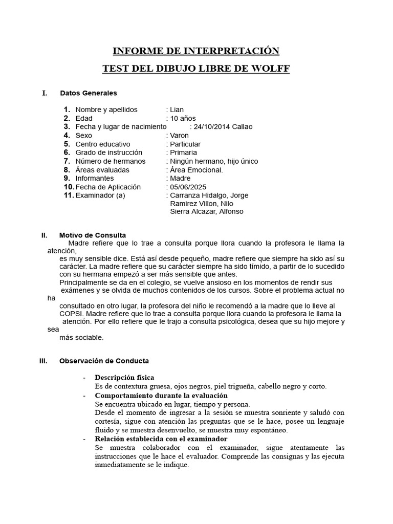 Evaluación Emocional de Lian: Test de Dibujo | PDF | Las emociones | Color