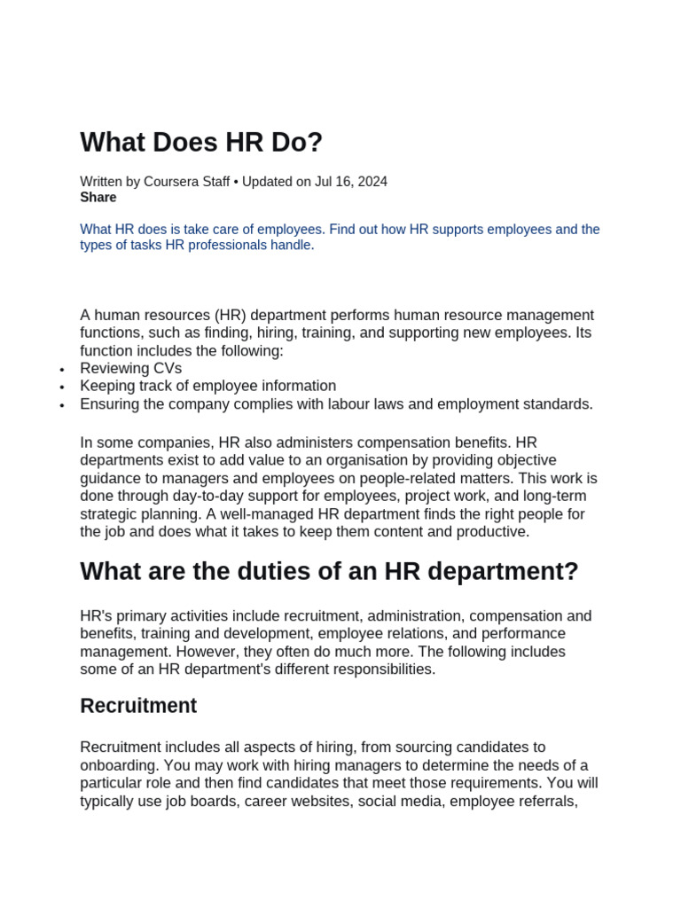 What Does HR Do | PDF | Human Resources | Employee Retention