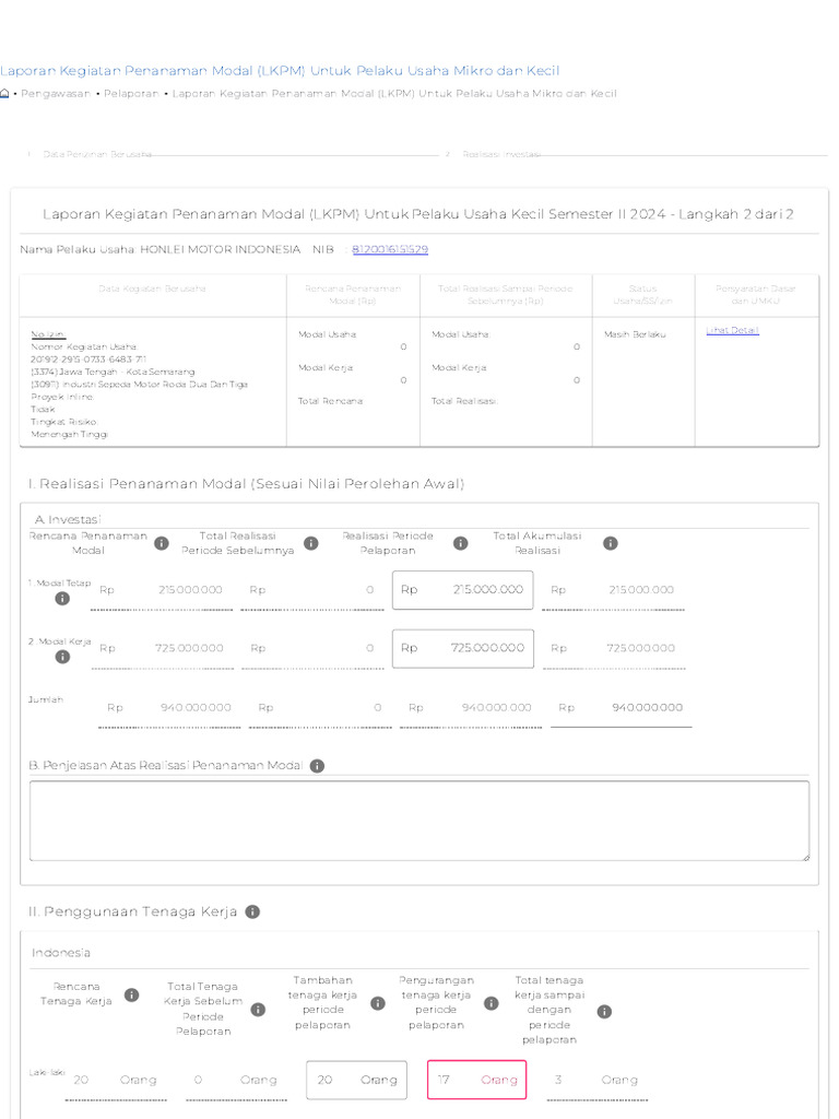 Formulir Laporan Kegiatan Penanaman Modal - OSS RBA | PDF
