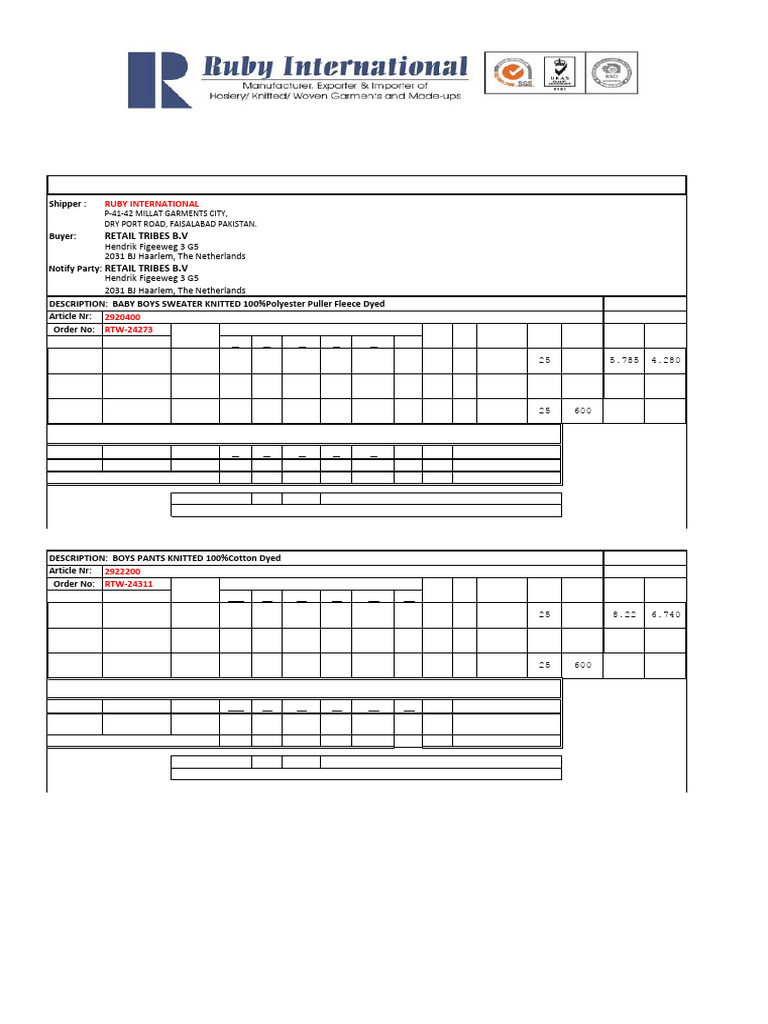 R 956 Packing List 2108 | PDF