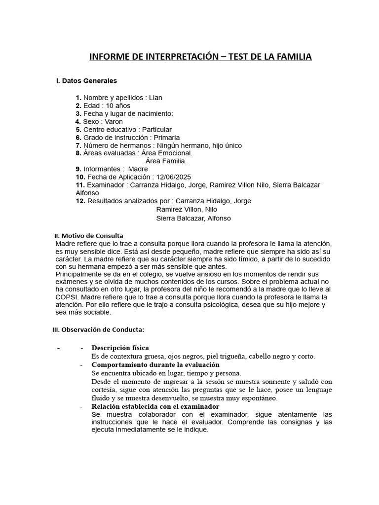 Informe Psicológico de Lian, 10 Años | PDF | Las emociones | Ciencias ...