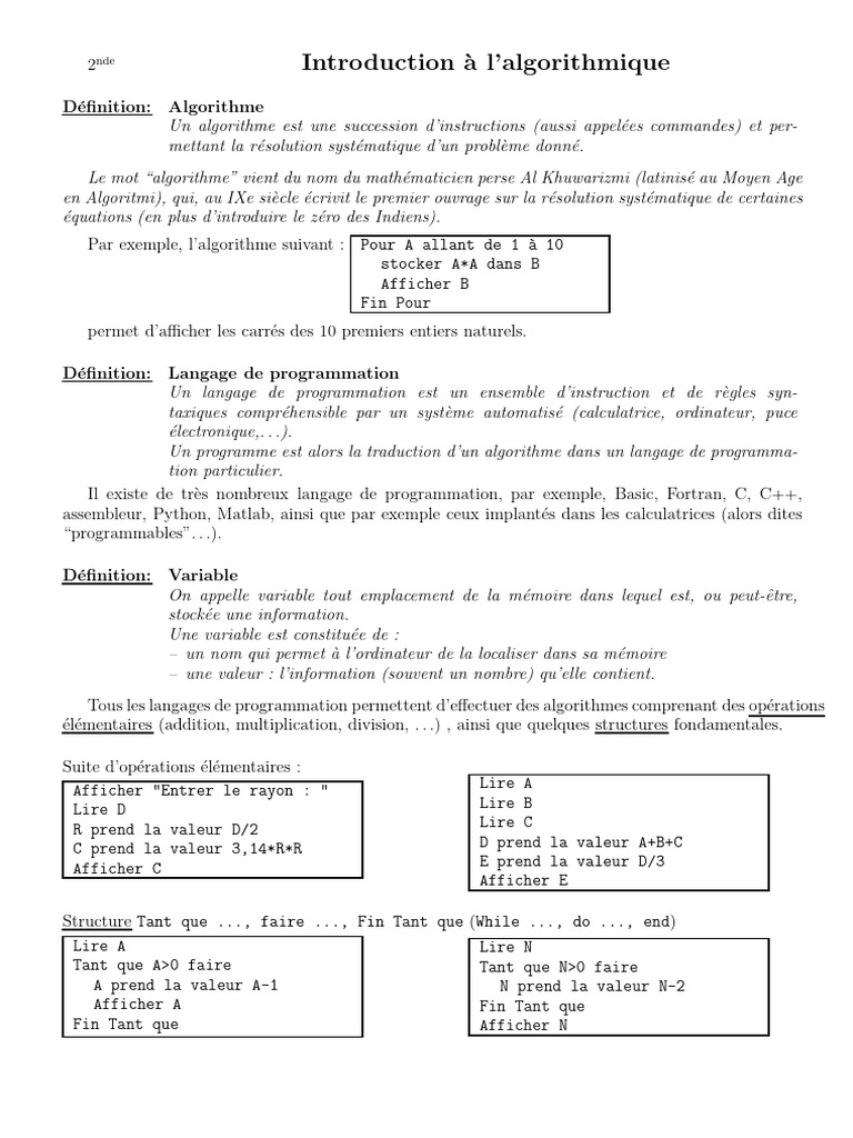 Introduction à l'algorithmique et programmation | PDF | Programmation ...